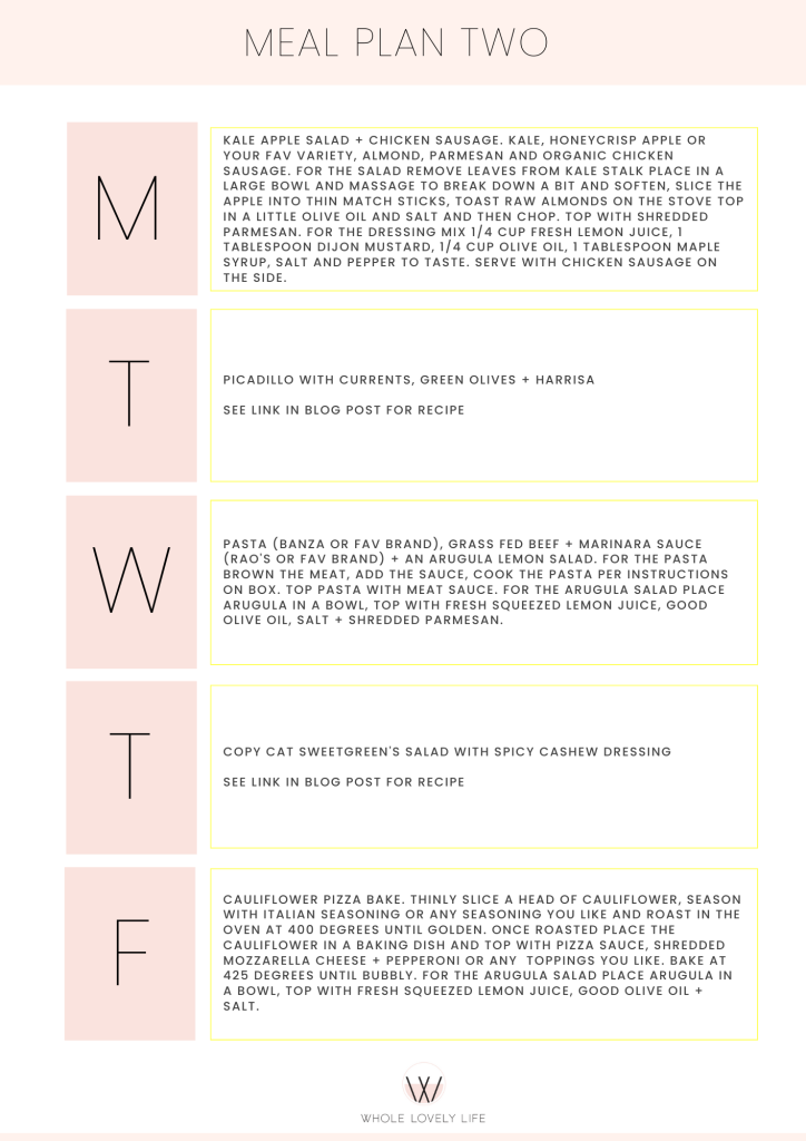 Week Night Meal Plan Two Whole Lovely Life